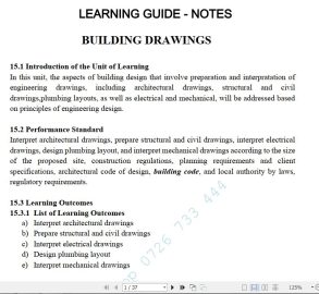 Building Drawings Learning Guide Pdf notes TVET CDACC Level 6 CBET ...