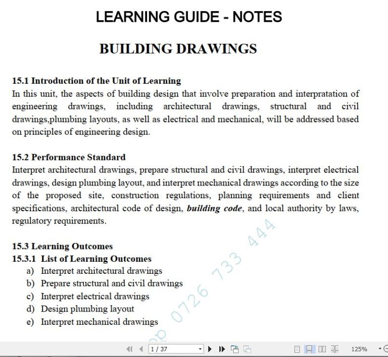 Building Drawings Learning Guide Pdf notes TVET CDACC Level 6 CBET ...