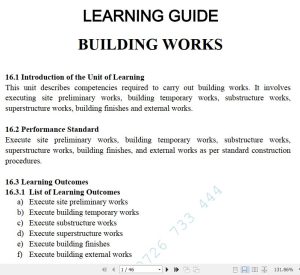 Building Works Learning Guide Pdf notes TVET CDACC Level 6 CBET - pdf notes
