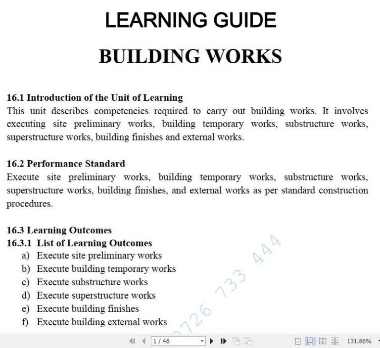 Building Works Learning Guide Pdf Notes Tvet Cdacc Level 6 Cbet Pdf Ebooks
