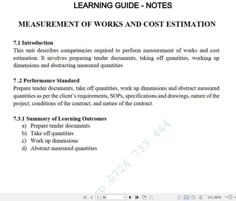 Measurement of Works and Cost Estimation Learning Guide Pdf notes TVET ...