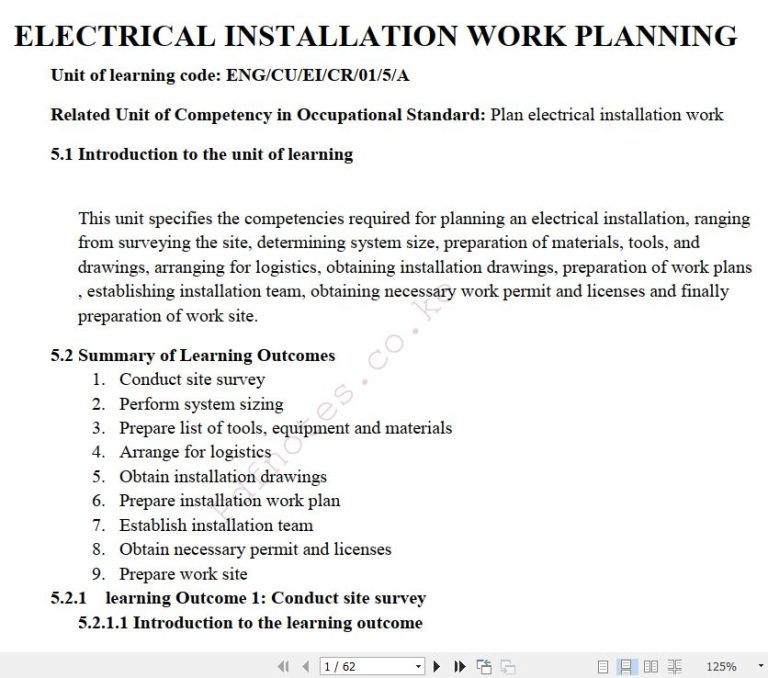 Electrical Installation Work Planning Pdf notes TVET CDACC Level 5 CBET ...