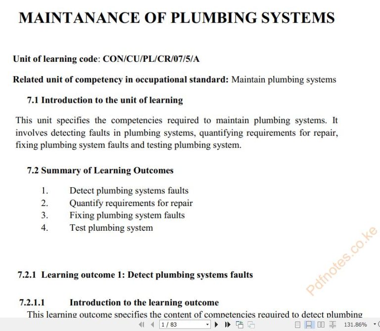 Maintenance of Plumbing Systems Pdf notes Level 5 TVET CDACC - pdf notes