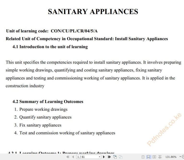 Sanitary Appliances Pdf notes Level 5 TVET CDACC - pdf notes