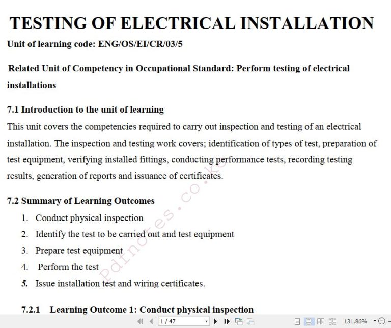 Testing Of Electrical Installation Pdf notes TVET CDACC Level 5 CBET ...