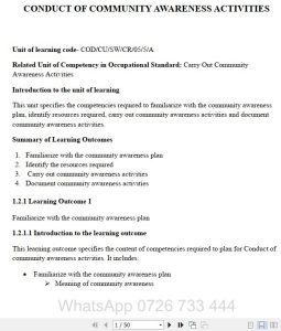 Conduct of Community Awareness Activities Pdf notes TVET CDACC Level 5 ...