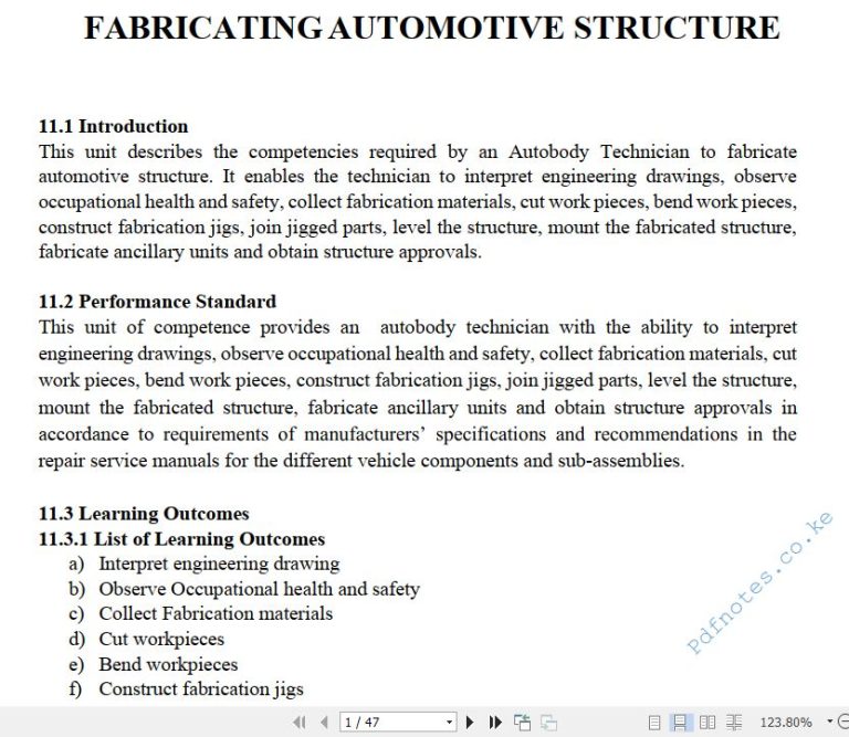 Fabricating Automotive Structure Pdf notes TVET CDACC Level 6 - pdf notes