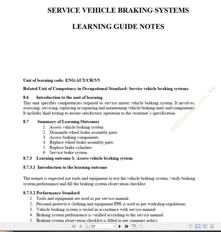 Service Vehicle Braking Systems Learning guide notes TVET CDACC Level 5 ...